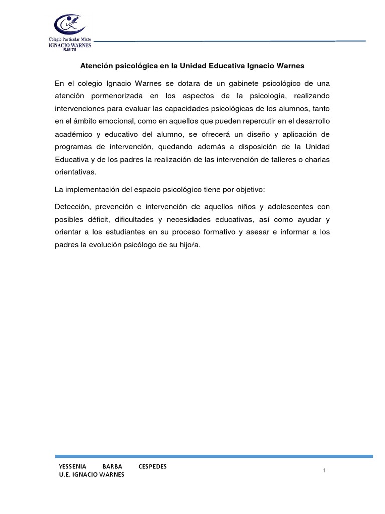 Atención Psicológica en La Unidad Educativa Ignacio Warnes. | PDF | Sicología | Ciencias del ...