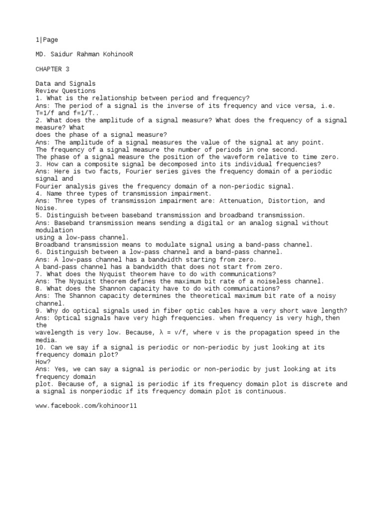 Chapter 3 Data and Signals Exercise Question With Solution | PDF | Signal To Noise Ratio | Hertz