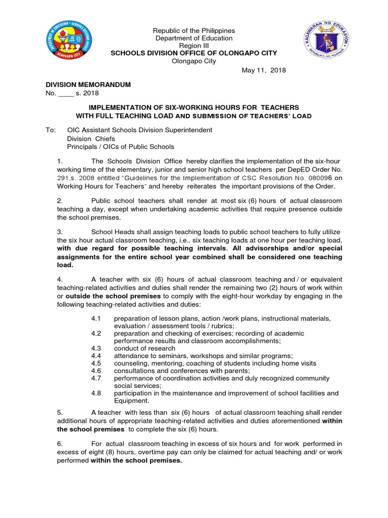 Division Memo On Teaching Loads | PDF | State School | Teachers
