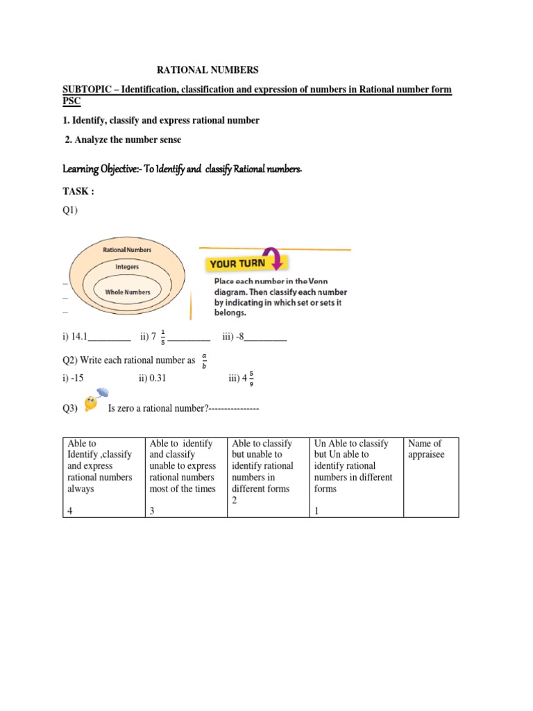 Learning Objective:-To: Identify and Classify Rational Numbers | PDF ...