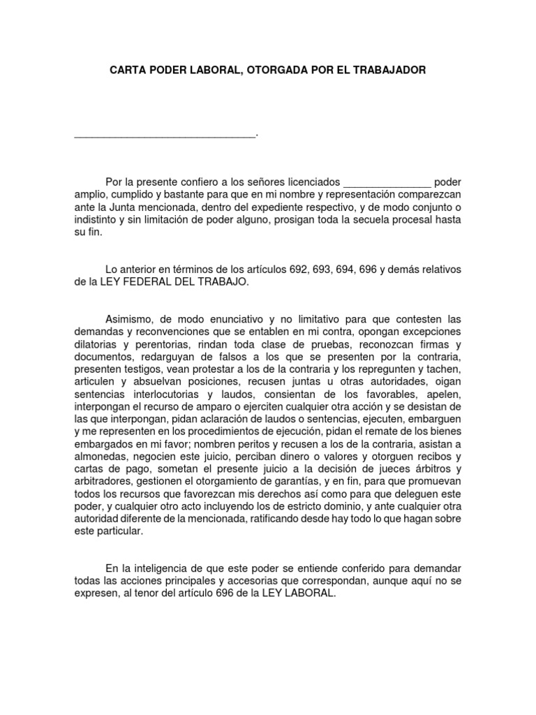 Carta Poder Laboral, Otorgada Por El Trabajador | Gobierno | Política