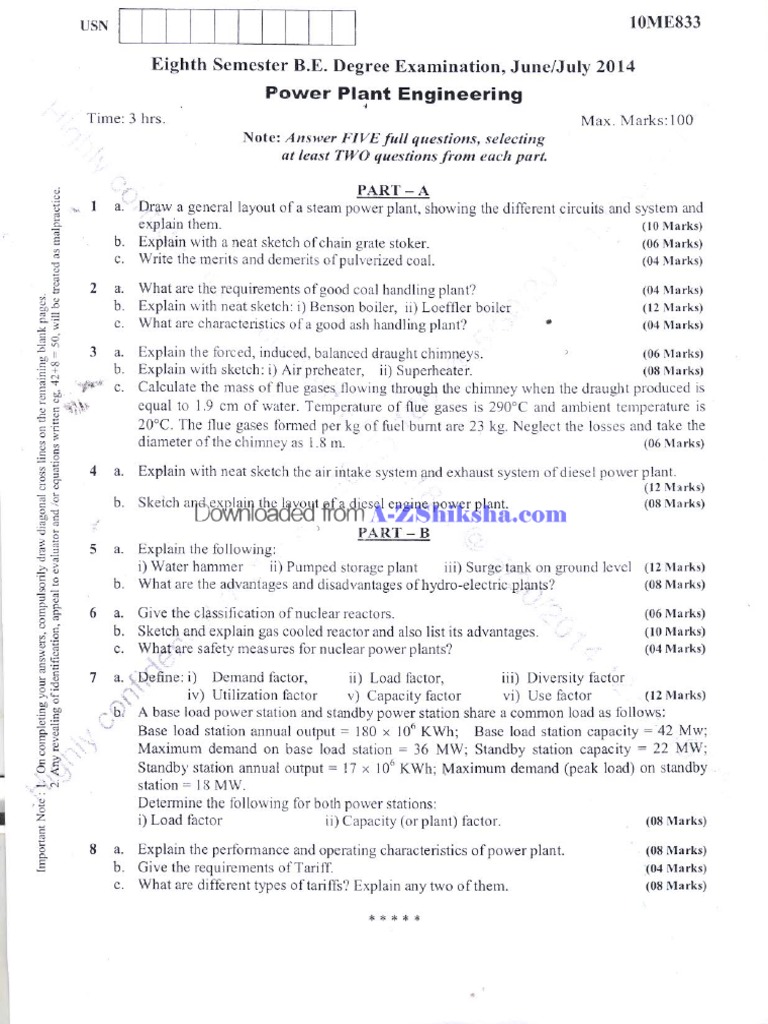 Power Plant Engineering VTU Question Paper | PDF