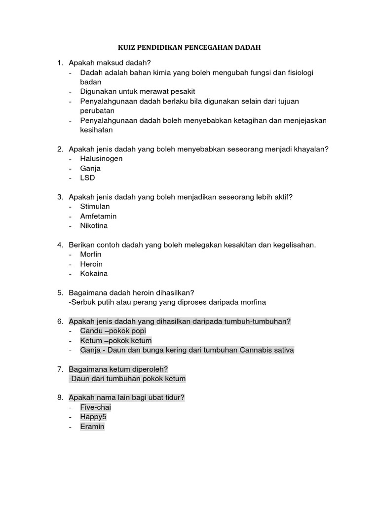 Kuiz Pendidikan Pencegahan Dadah (PPDa) | PDF