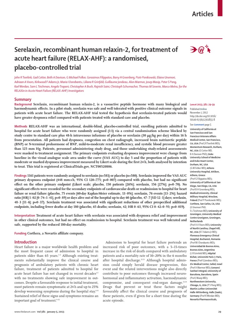 Serelaxin, Recombinant Human Relaxin-2, For Treatment of Acute Heart ...