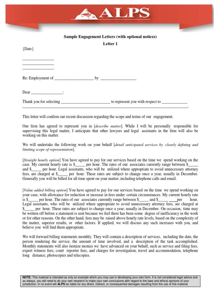 Sample Engagement Letter for Legal Services | PDF | Attorney's Fee | Lawyer