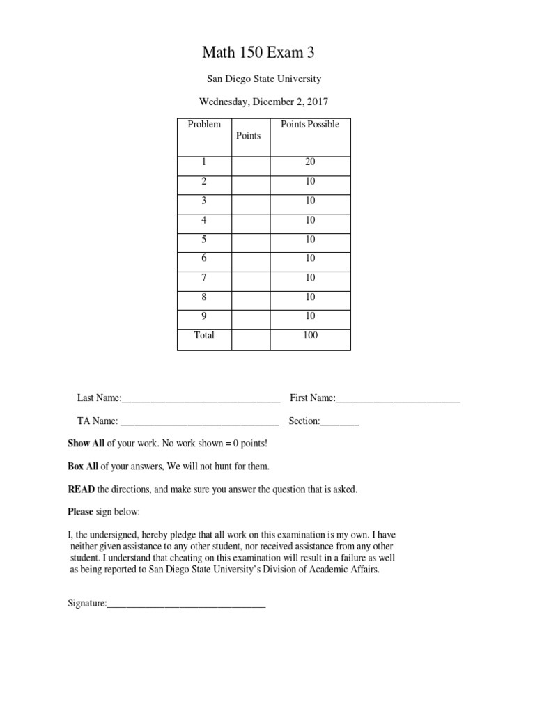 Test 3 Steve Math 150 Fall 2017 | PDF | Area | Circle