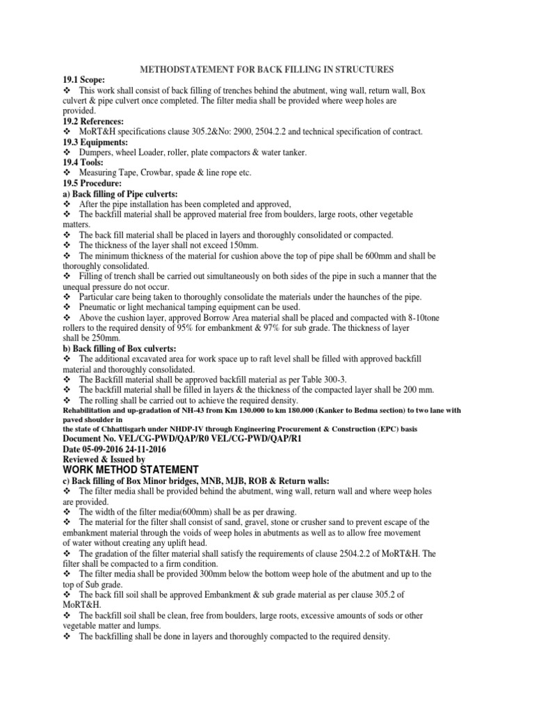 Methodstatement For Back Filling in Structures | PDF | Traffic ...