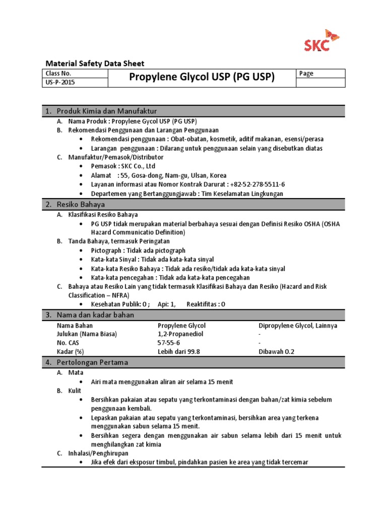 Propylene Glycol USP (PG USP) : Material Safety Data Sheet | PDF