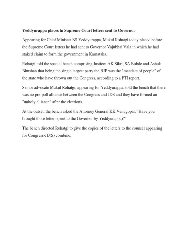 Yeddyurappa's Supreme Court Letters to Governor | PDF | Politics