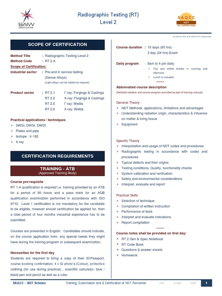 RT 2 Certification Scheme Detail | PDF | Nondestructive Testing ...