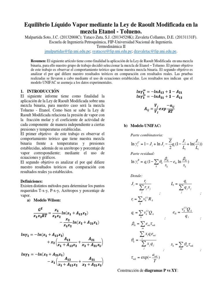 Equilibrio Líquido Vapor Mediante La Ley de Raoult Modificada en La ...