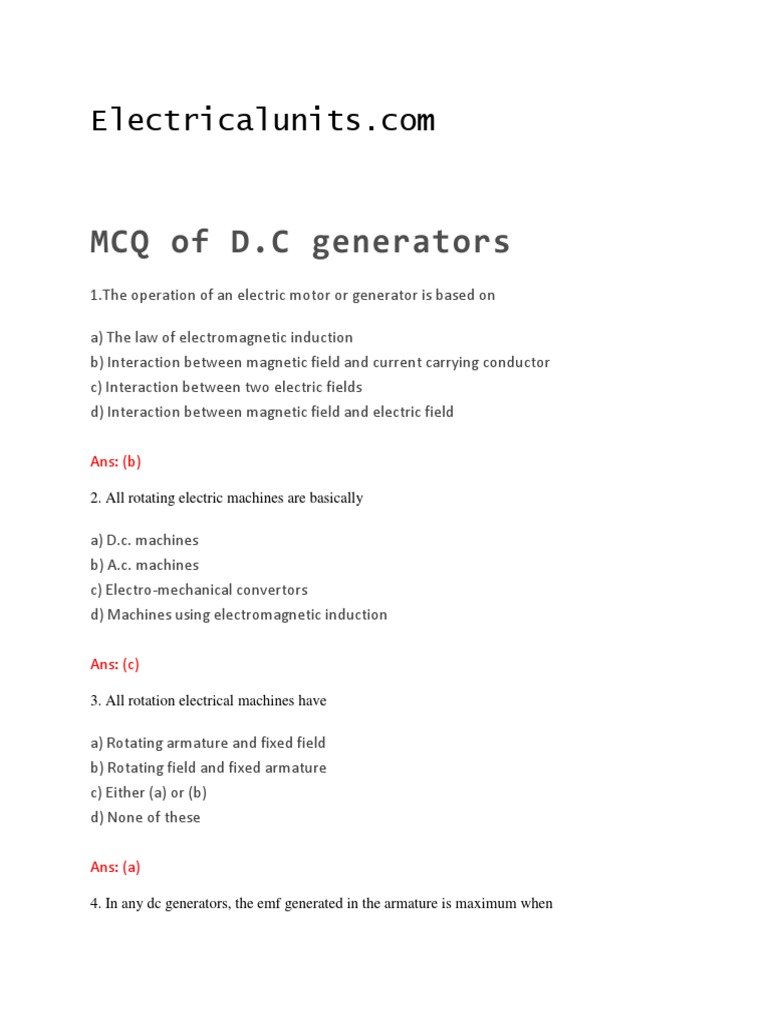 Mcq Of D C Generators Download Free Pdf Electric Motor Electric