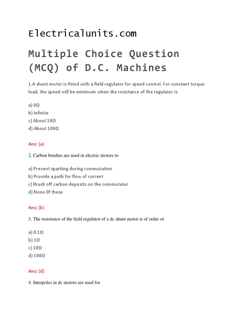 Multiple Choice Question (MCQ) of D.C. Machines | PDF | Electric Motor ...