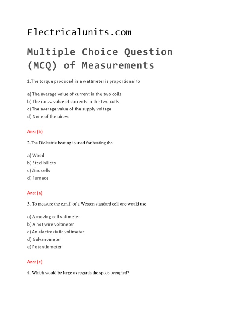 Multiple Choice Question (MCQ) of Measurements | PDF | Transformer ...