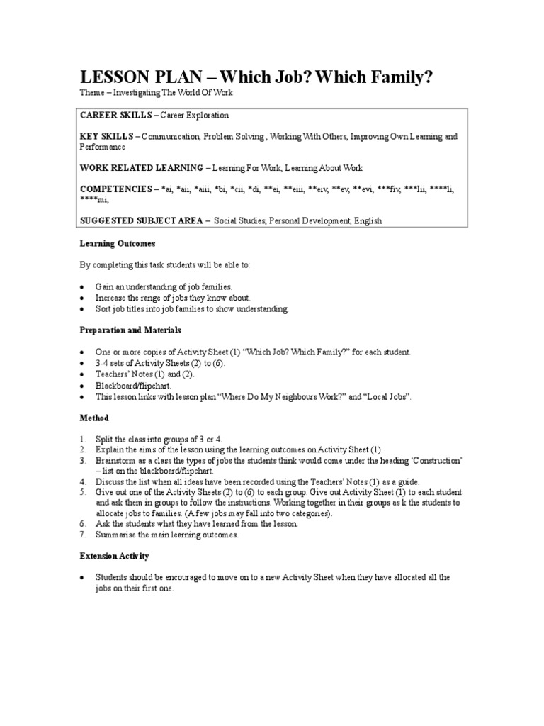 Lesson Plan 13 - Which Job Which Family | PDF | Lesson Plan | Teachers