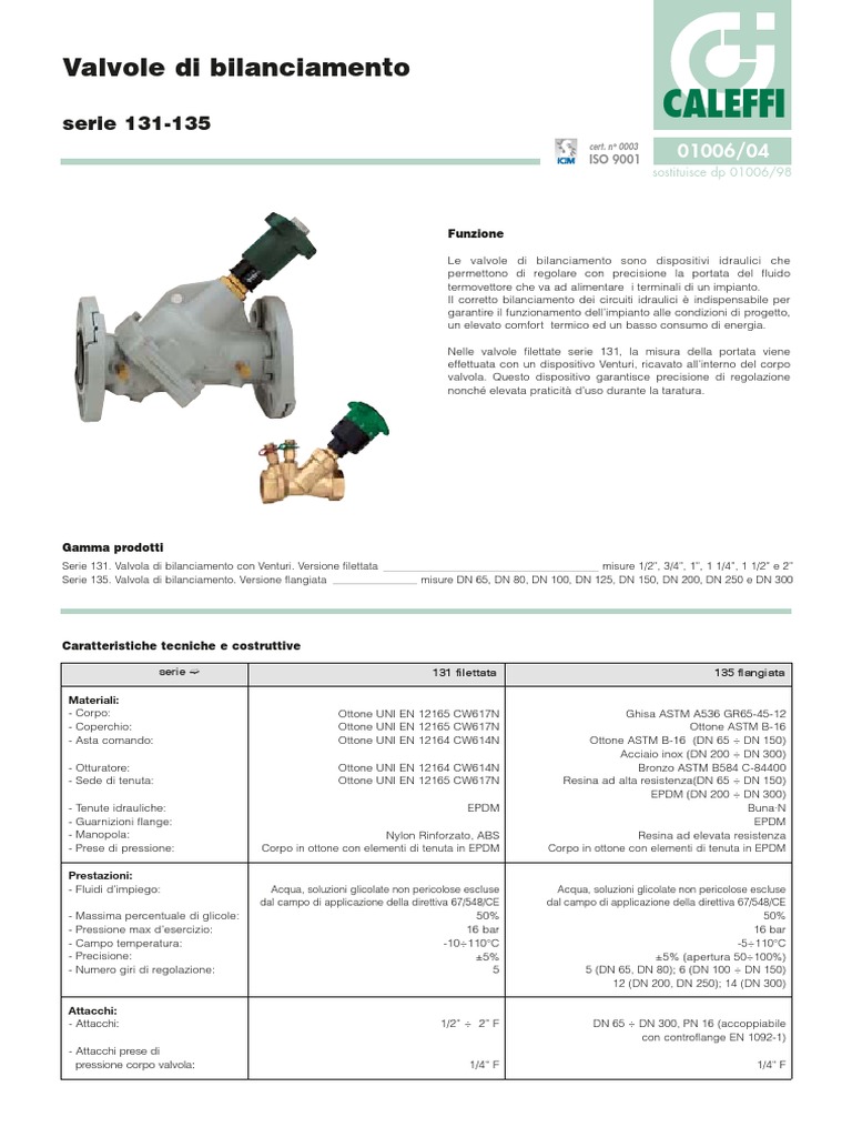 Caleffi: Valvole Di Bilanciamento | PDF | Turbulence | Density