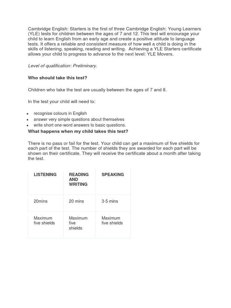 Cambridge English Tests for Kids | PDF | Educational Assessment And ...