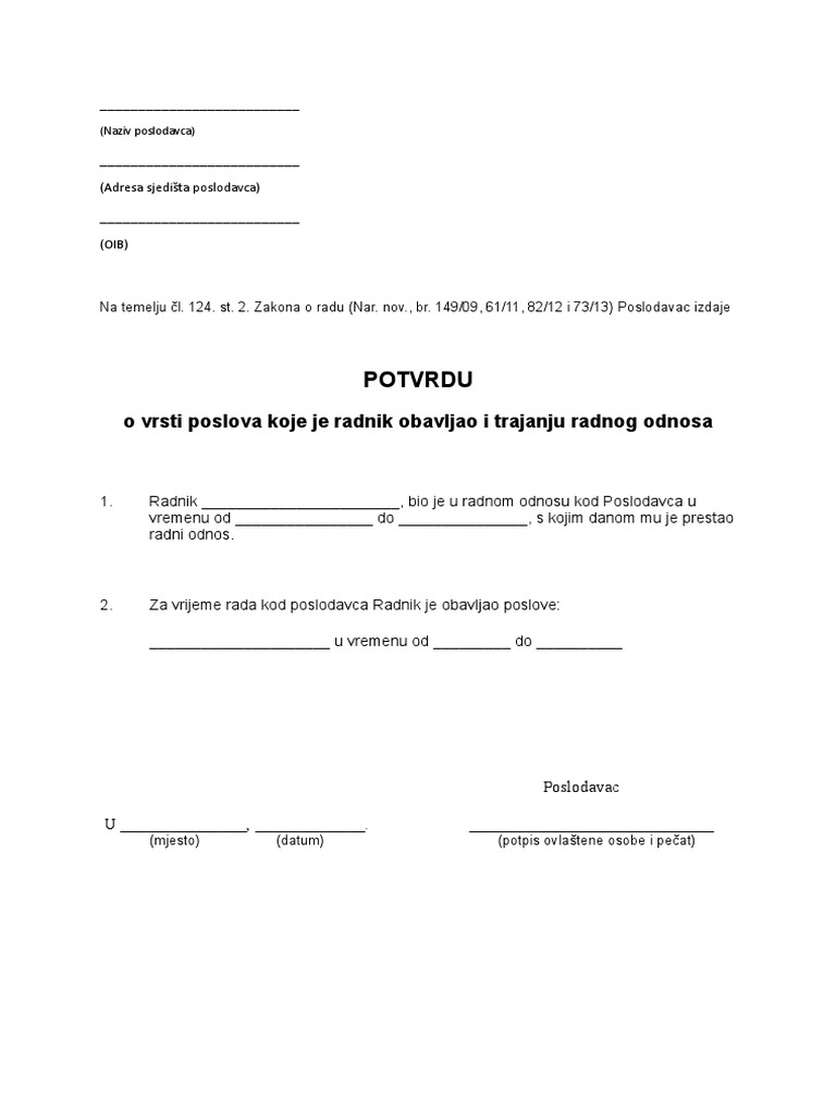 Potvrda o Zaposlenju | PDF