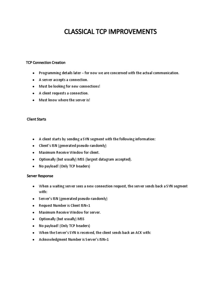 Classical TCP Improvements | PDF | Network Socket | Transmission Control Protocol