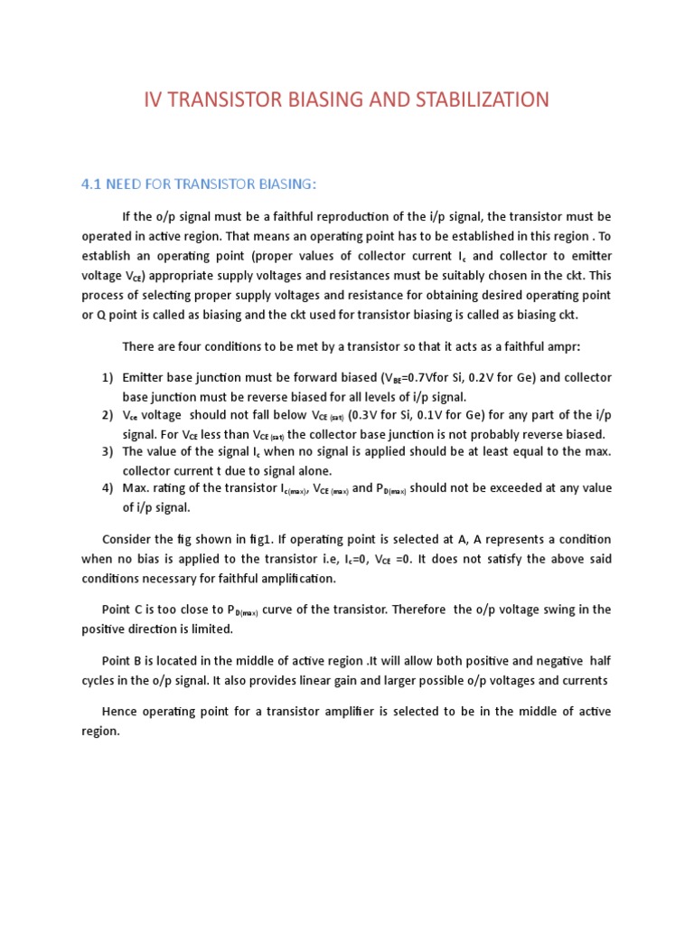 Edc Unit 4 Transistor Biasing | PDF | Bipolar Junction Transistor | Amplifier