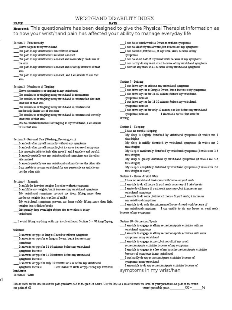 Wrist or Hand Disability Index | PDF | Paresthesia | Symptom