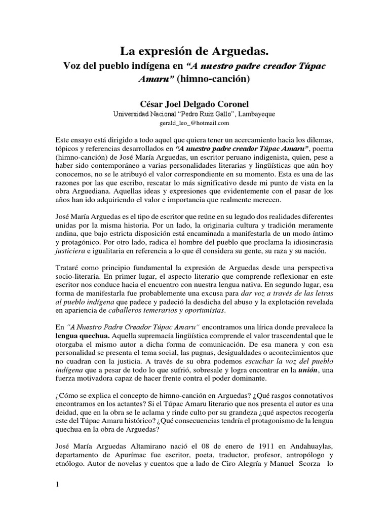 La expresión de Arguedas. Voz del pueblo indígena en “A nuestro padre ...