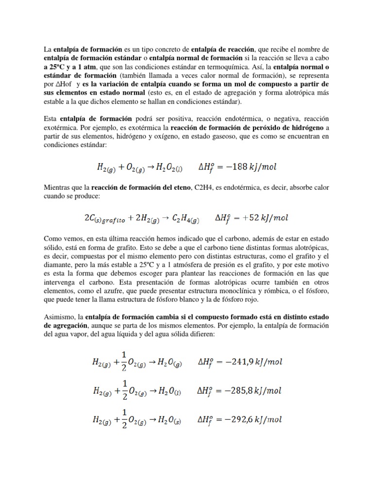 Entalpía De Formación Conceptos Y Ejemplos Pdf Energía Libre De