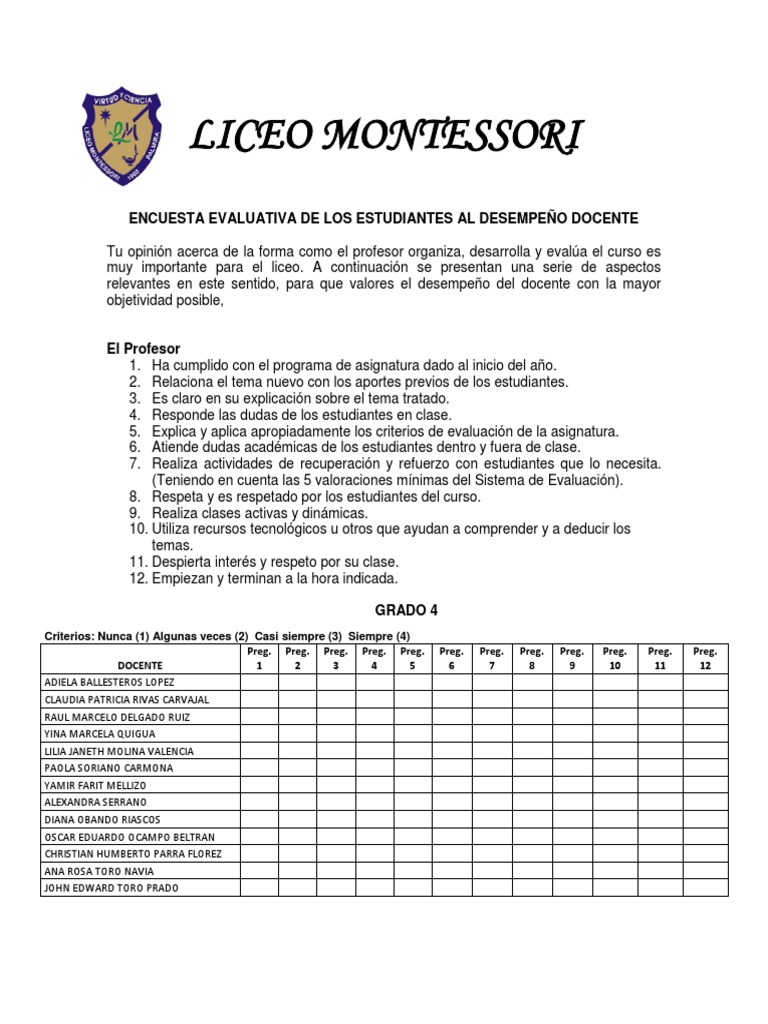 Encuesta Grado 4 | PDF