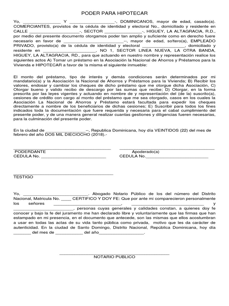 Plantilla de Poder para Hipotecar | PDF | Cheque | Préstamos