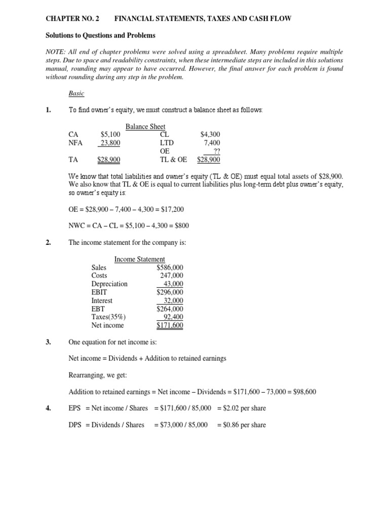 Chapter No. 2 Financial Statements, Taxes and Cash Flow Solutions To ...