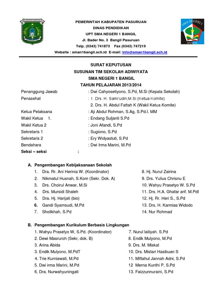 Susunan Panitia Program Adiwiyata 2013 | PDF