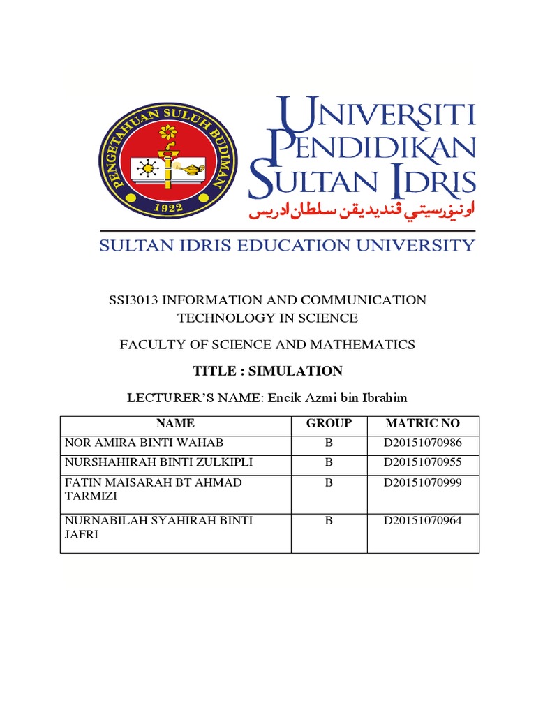 Ssi3013 Information and Communication Technology in Science Faculty of Science and Mathematics ...