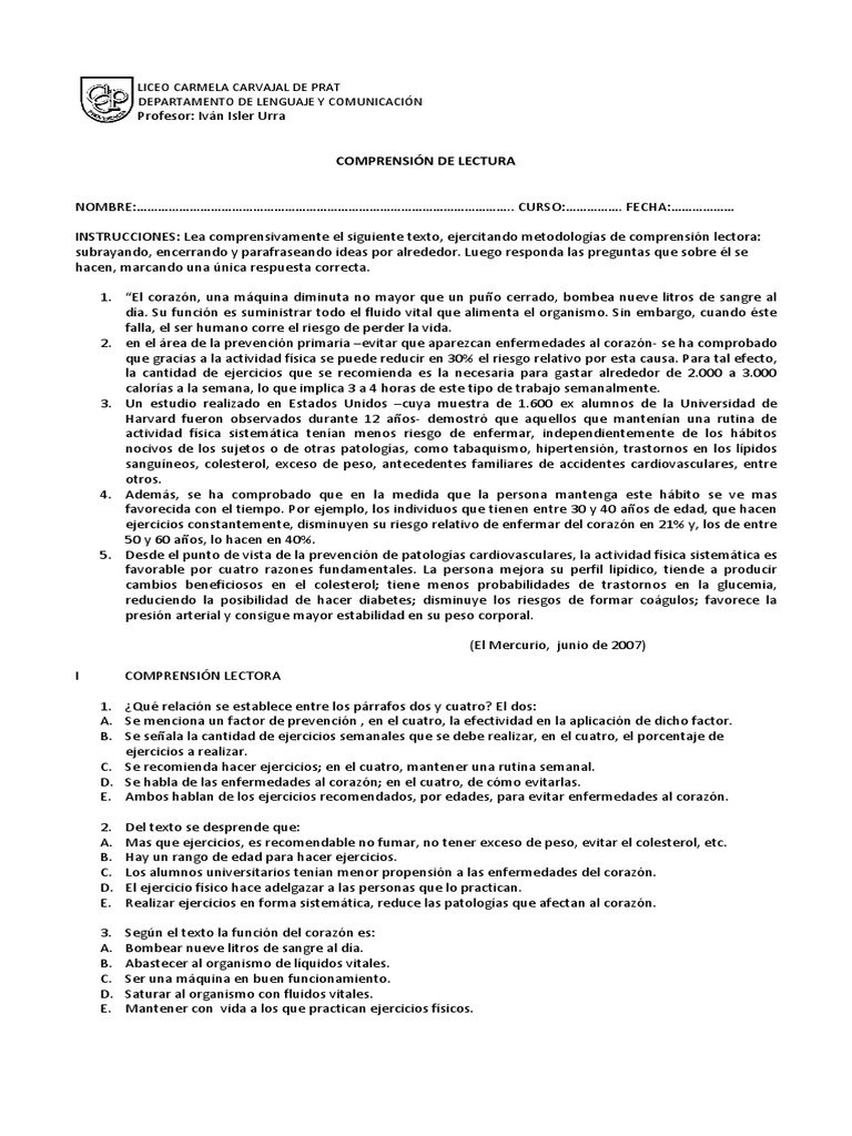 Guia de Comprension de Lectura 1° Medio | PDF | Ejercicio físico | Corazón
