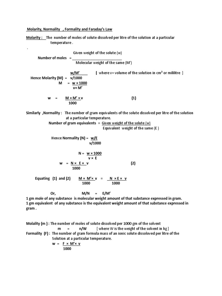 Molarity, Normality, Molality and Faraday's Law - Key Concepts and ...