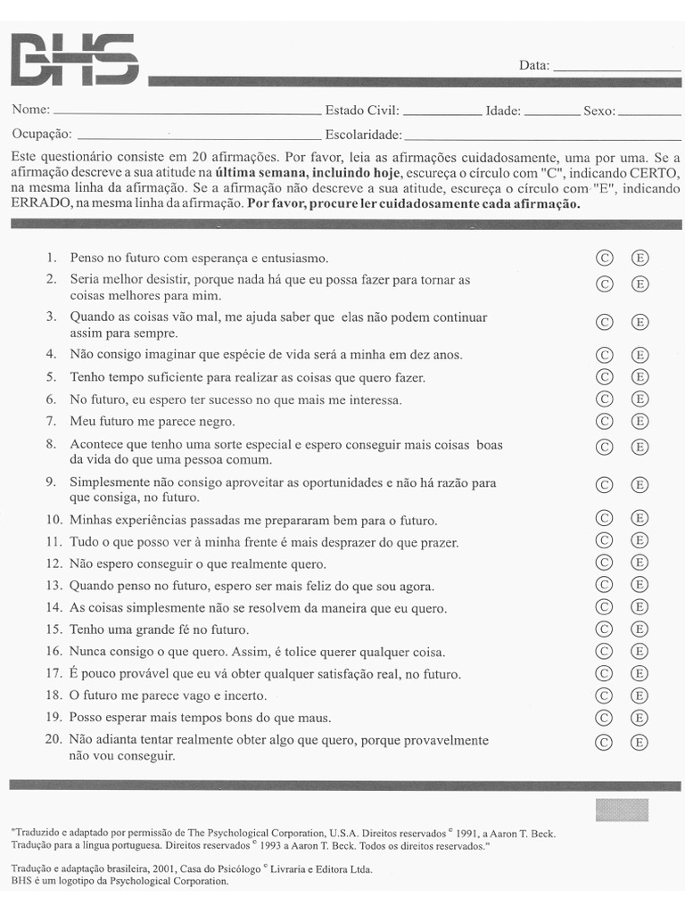 Escala BECK de Desesperança PDF | PDF