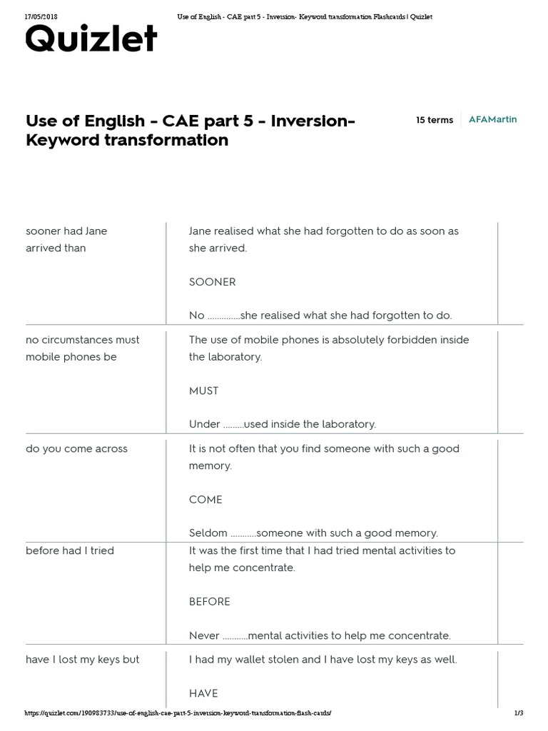 Use of English - CAE Part 5 - Inversion - Keyword Transformation Flashcards - Quizlet | PDF
