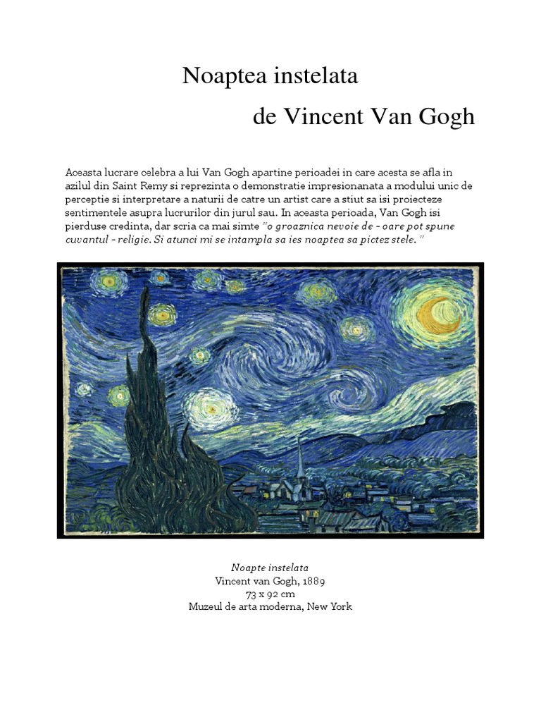 Noaptea Instelata de Vincent Van Gogh: Cuvantul - Religie. Si Atunci Mi Se Intampla Sa Ies ...