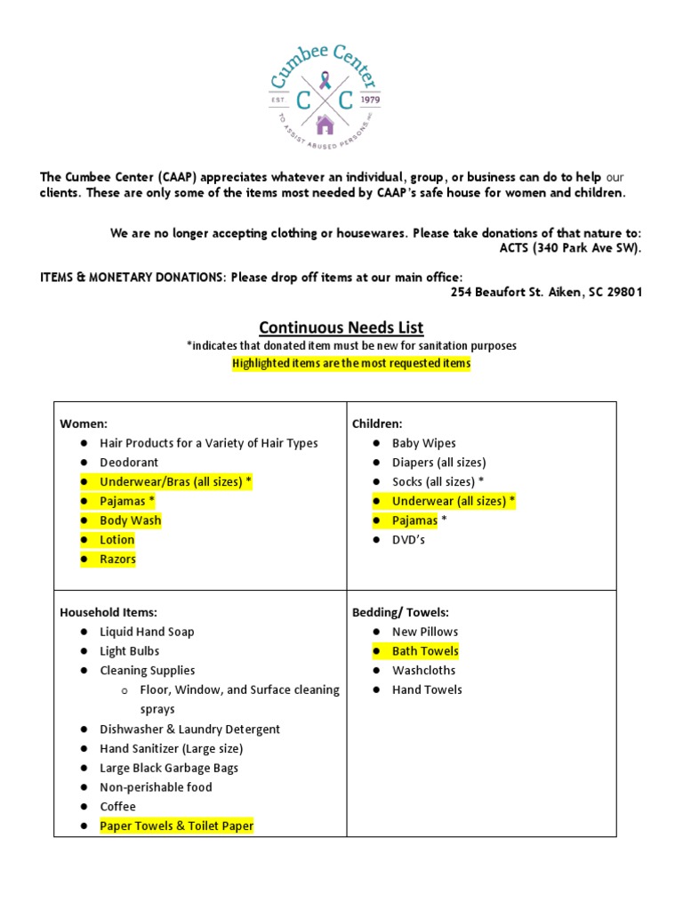 2018 Continuous Needs List Updated 1 | PDF