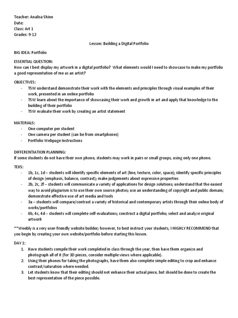 Digital Portfolio Lesson Plan | PDF | Web Page | Lesson Plan