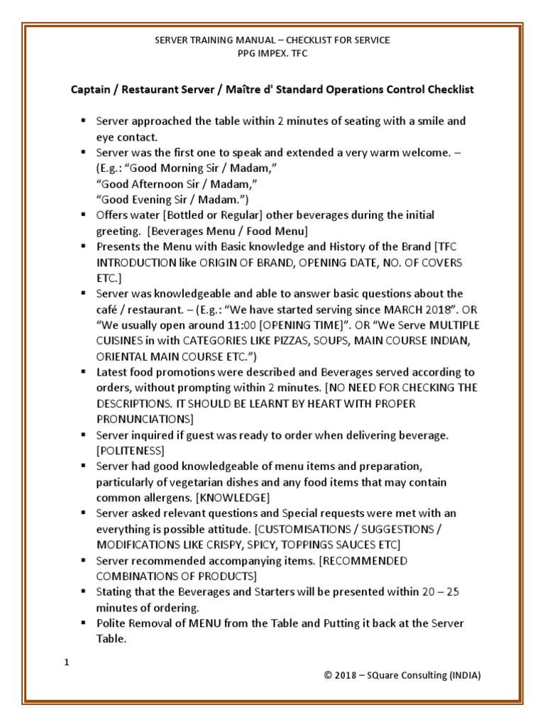 Captain / Restaurant Server / Maître D' Standard Operations Control ...