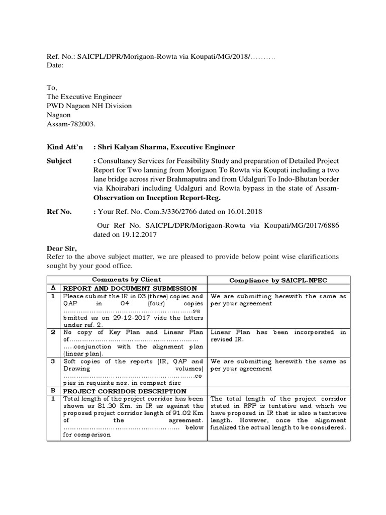 Draft Letter SAICPL To EE - Compliance Letter of Inception Report & QAP ...