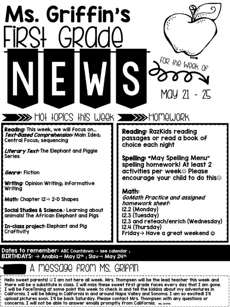 First Grade: Hot Topics This Week Homework | PDF