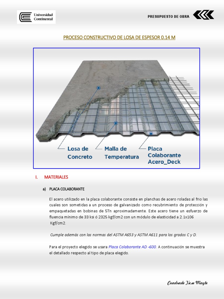 Cuadrado Ticse Mayte L - PROCESO CONSTRUCTIVO DE LOSA DE ESPESOR 0.14 M PDF | Descargar gratis ...