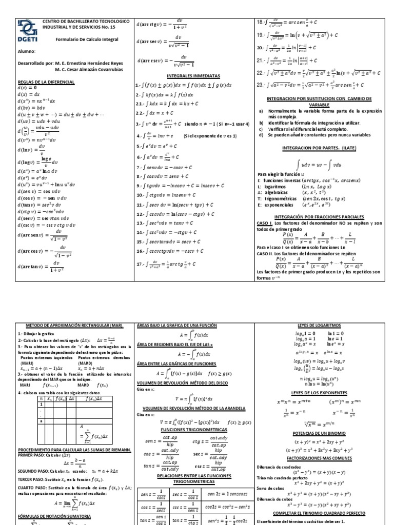 Formulario de Calculo Integral Cbtis PDF | Integral | Logaritmo
