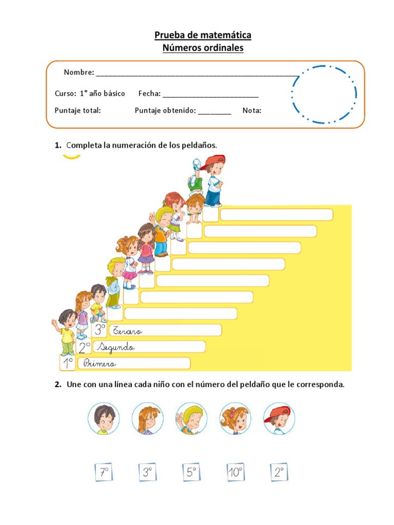 Prueba de Números Ordinales 1° Básico | PDF | Métodos y materiales de ...
