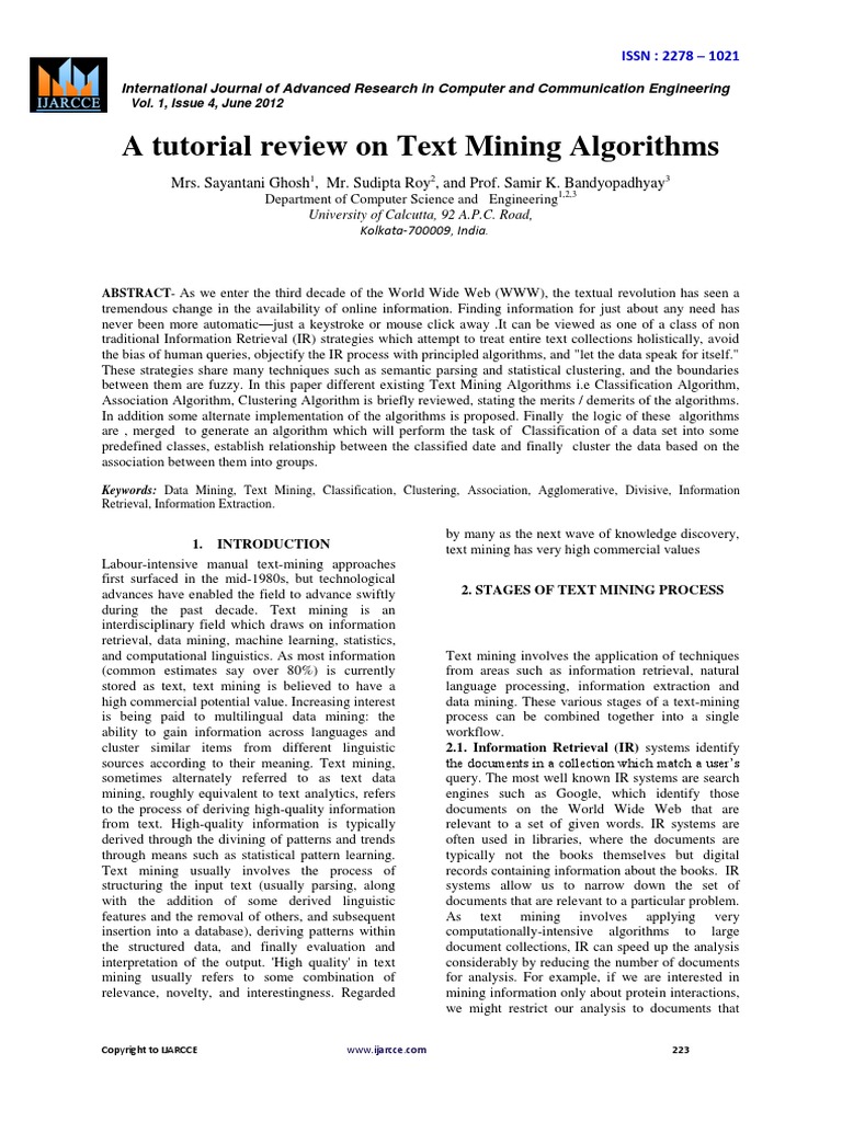 A Tutorial Review On Text Mining Algorithms: Mrs. Sayantani Ghosh, Mr. Sudipta Roy, and Prof ...