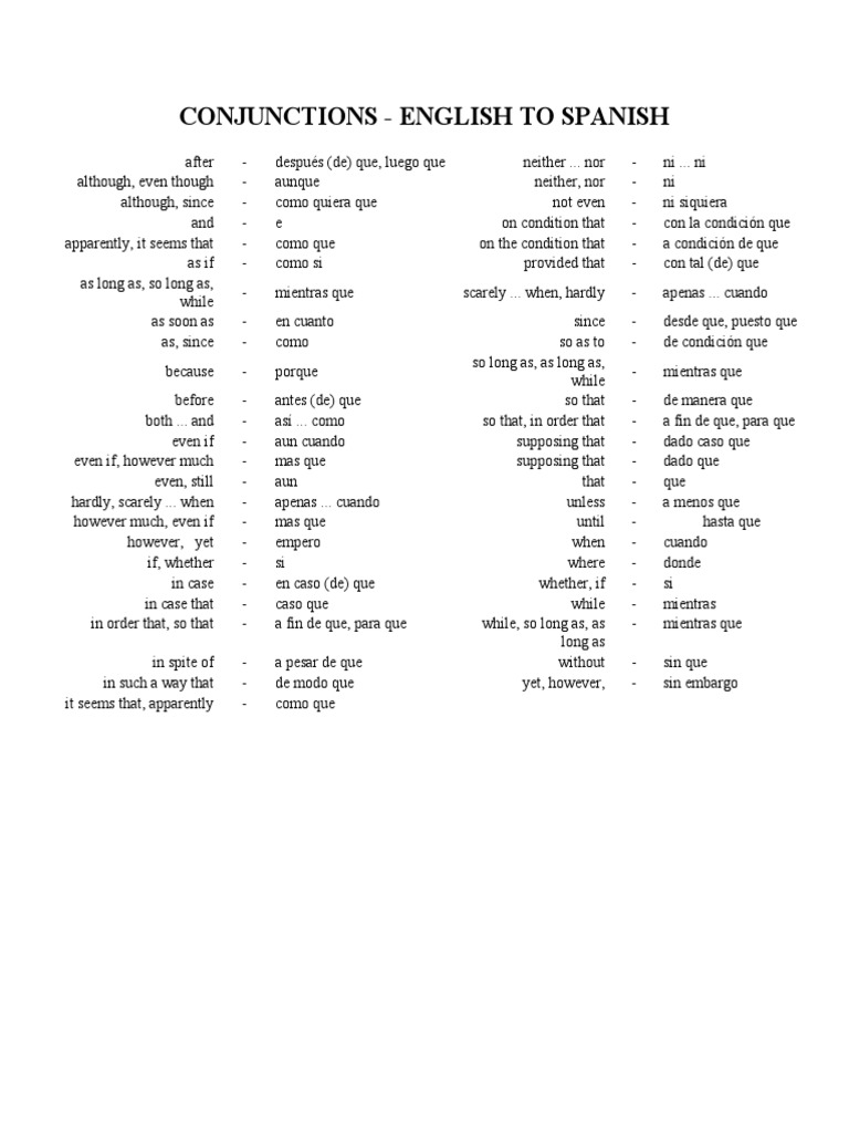 Conjunctions - English To Spanish | PDF