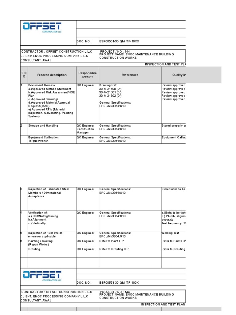 ITP - Steel Erection | Specification (Technical Standard) | Metal ...