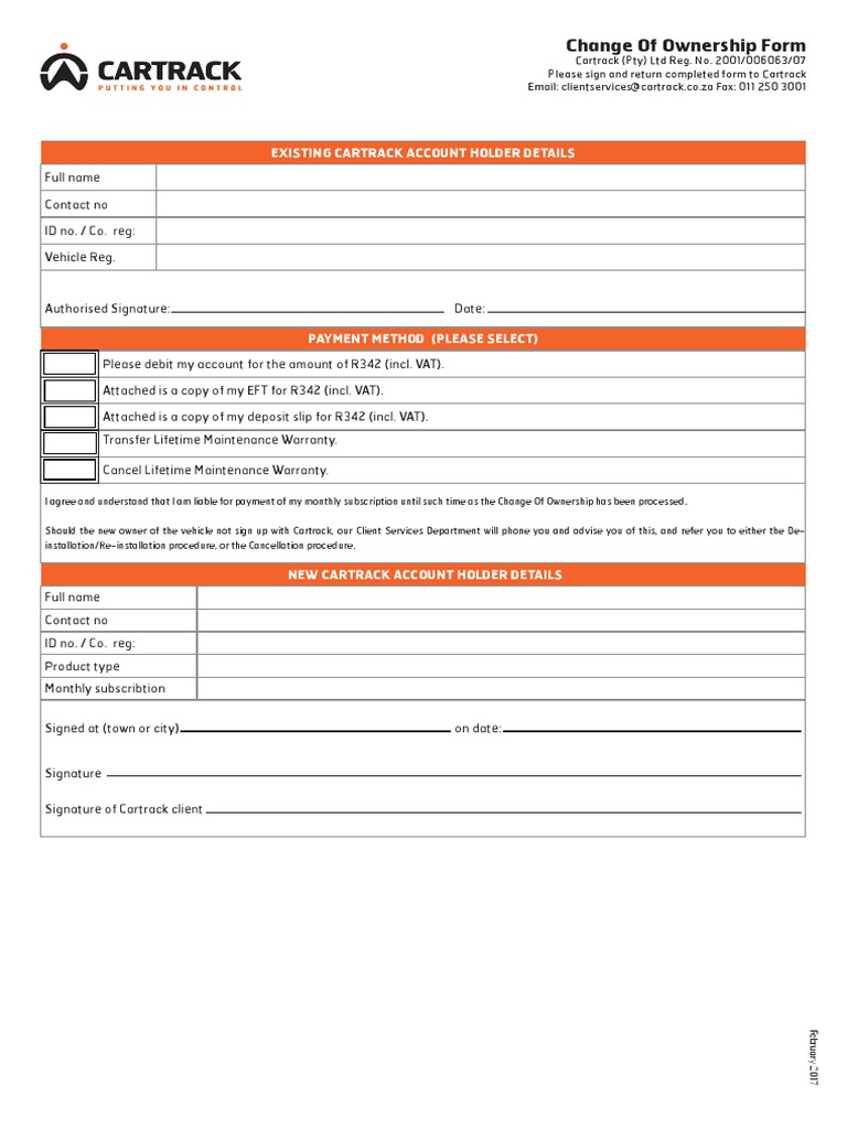 Change of Ownership Form: Existing Cartrack Account Holder Details | PDF
