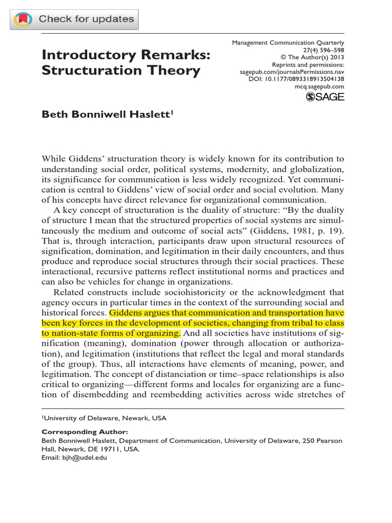 Introductory Remarks: Structuration Theory: Beth Bonniwell Haslett ...